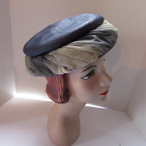 Accessories | Sale Vintage Mid Century Hat In Navy Straw Gray Yellow ...